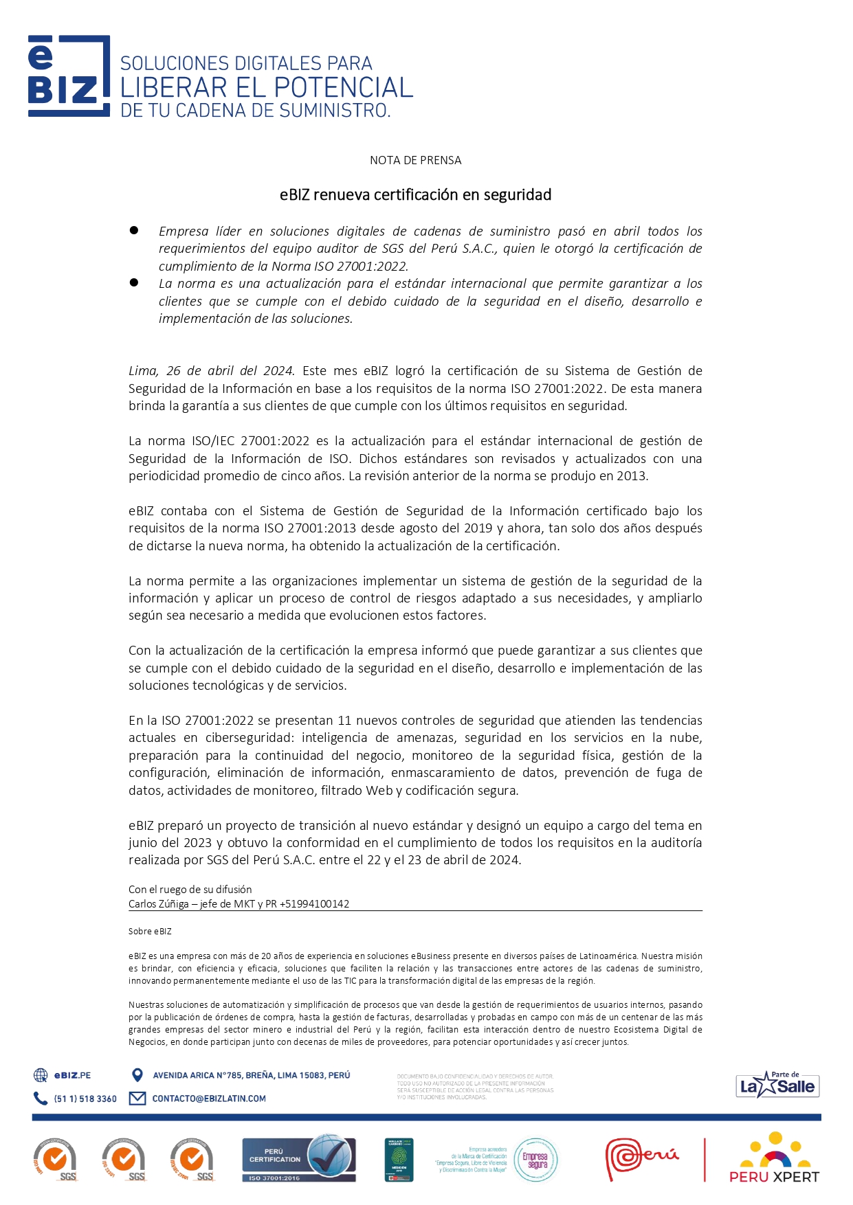 eBIZ renueva certificación en seguridad - eBIZ
