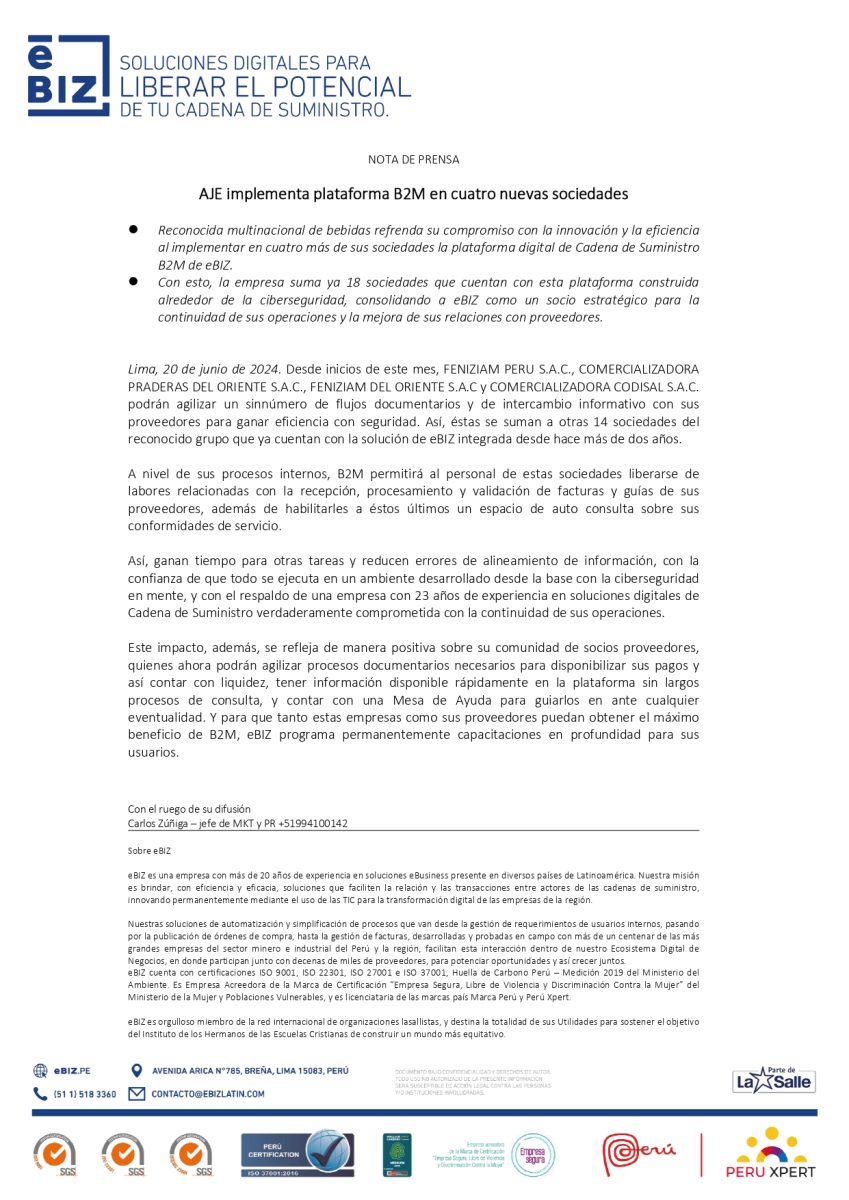 AJE implementa plataforma B2M en cuatro nuevas sociedades - eBIZ